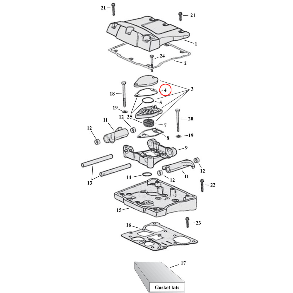 Rocker Box Parts Diagram Eksploderet visning til Harley Twin Cam